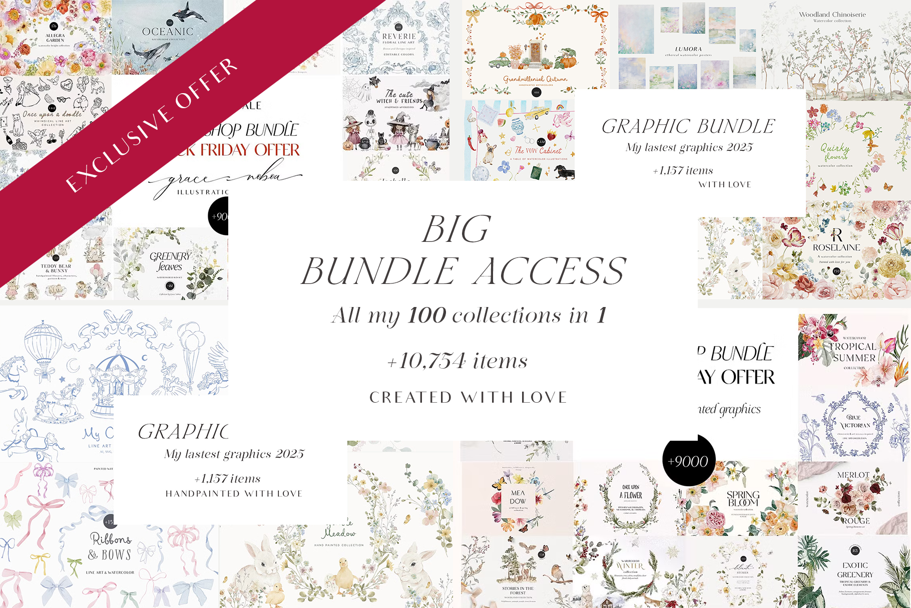 Big WHOLE SHOP ACCESS bundle all time graphics watercolor and line art ...